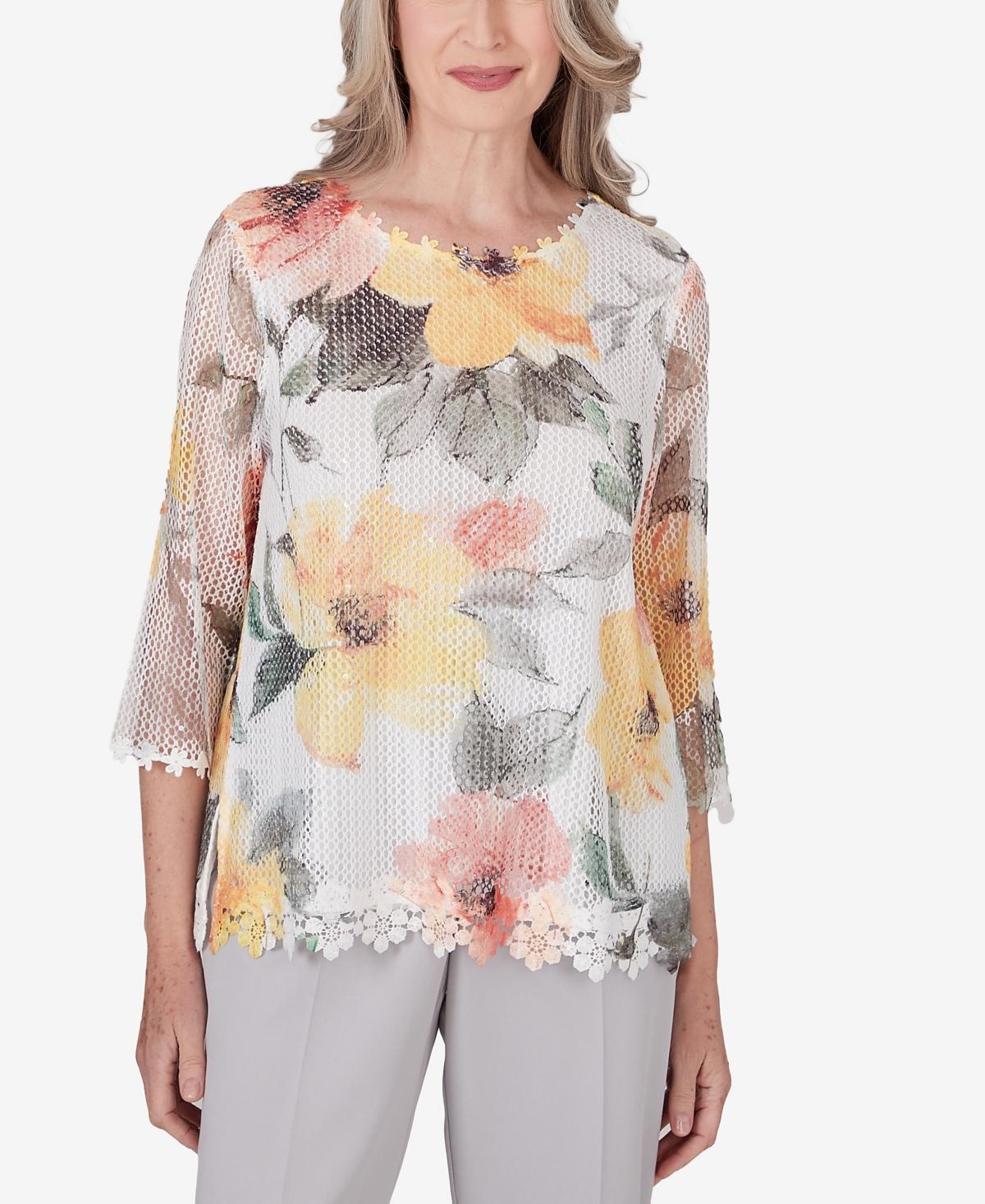 Alfred Dunner Womens Charleston Watercolor Floral Mesh Top - Eureka ...