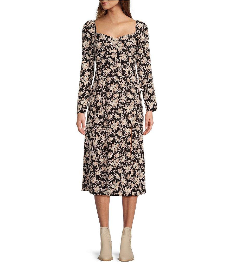 WAYF Floral Print Sweetheart Neck Long Sleeve Midi Dress - Eureka Shopping